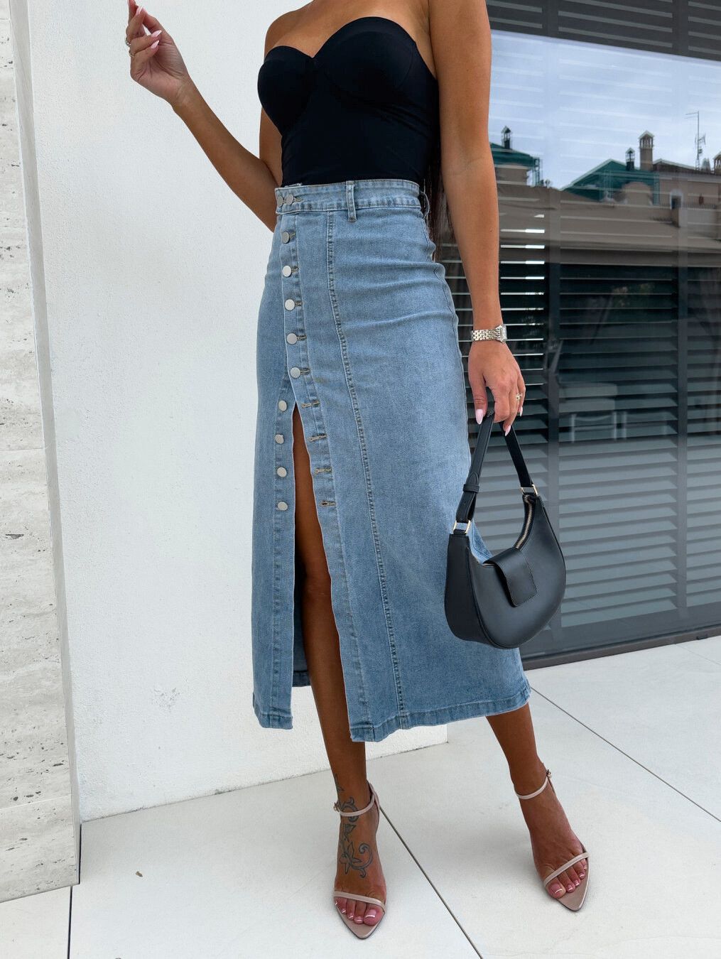 Japanese Brand Jeans skirt with irregular split buttons | Grailed