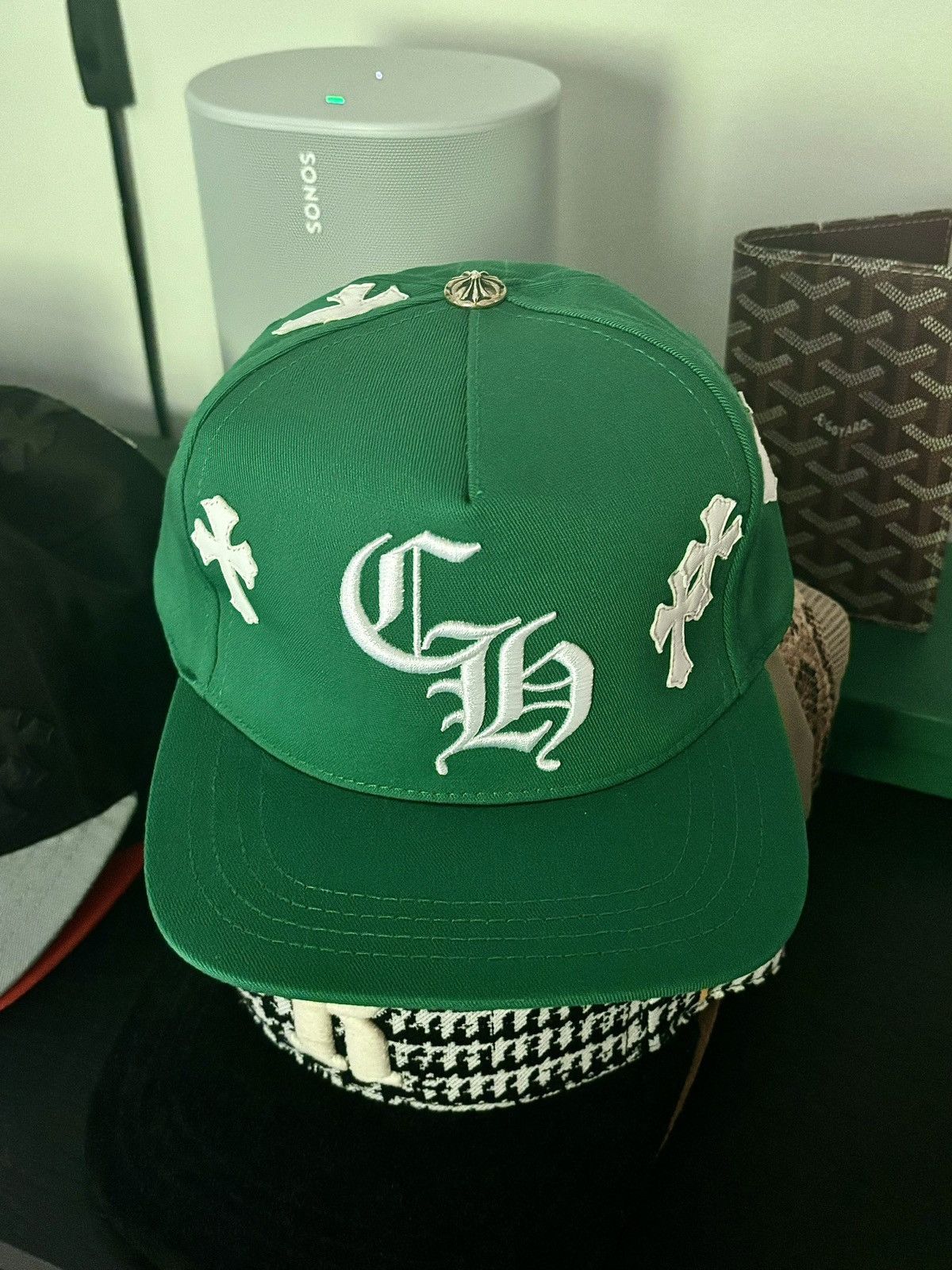 Chrome Hearts GREEN LEATHER CROSS CH SNAPBACK HAT | Grailed