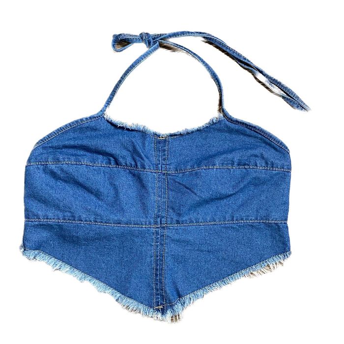 The Unbranded Brand New Denim Frayed Crop Halter Triangle Top Jean Y2k ...