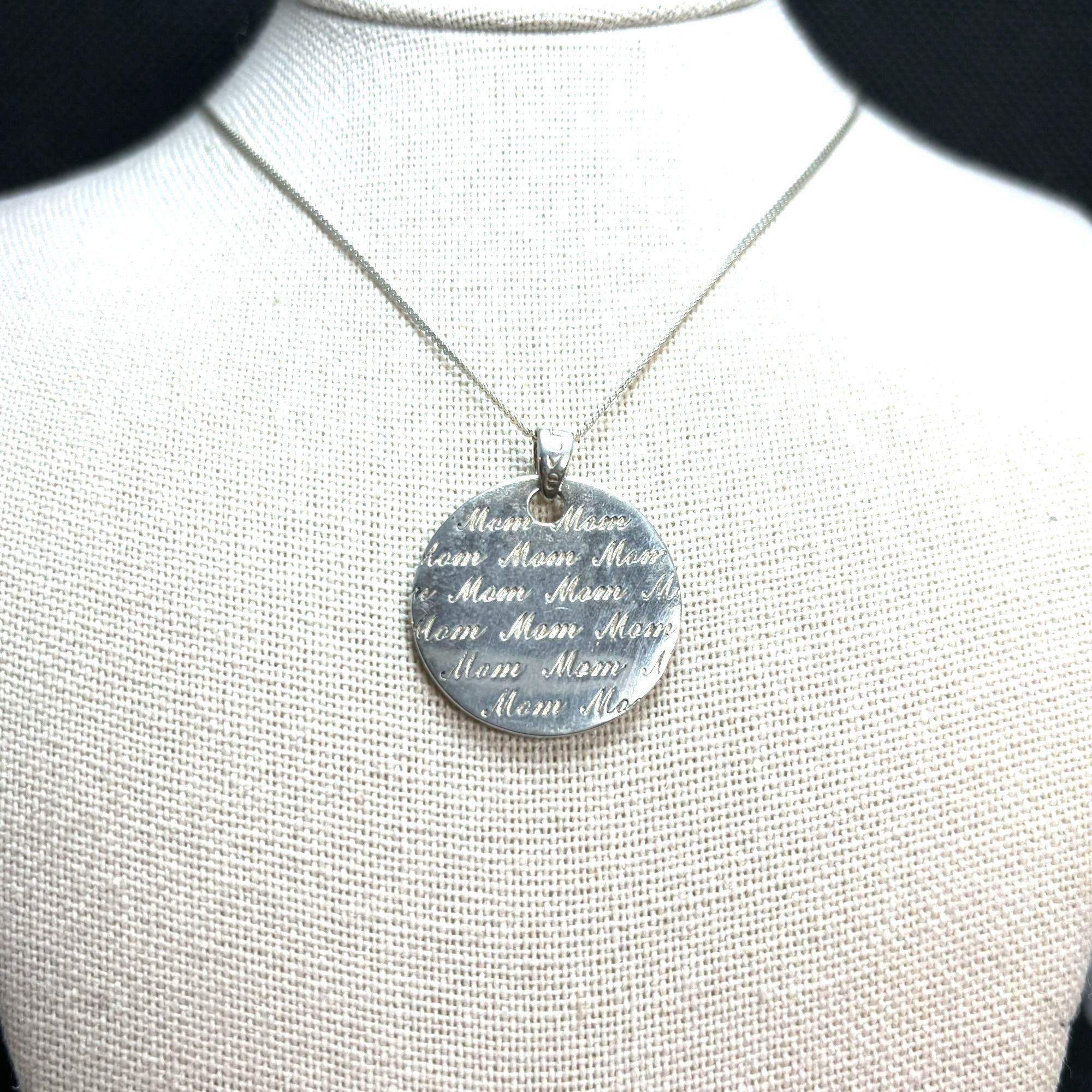 Vintage VTG Sterling Silver 925 "Mom" Script Engraving Circle Pendan ...