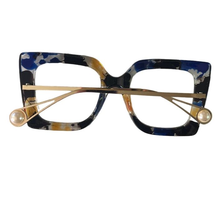 Designer Oversized Blue and Gold Oversized Cat Eye Glasses | Grailed