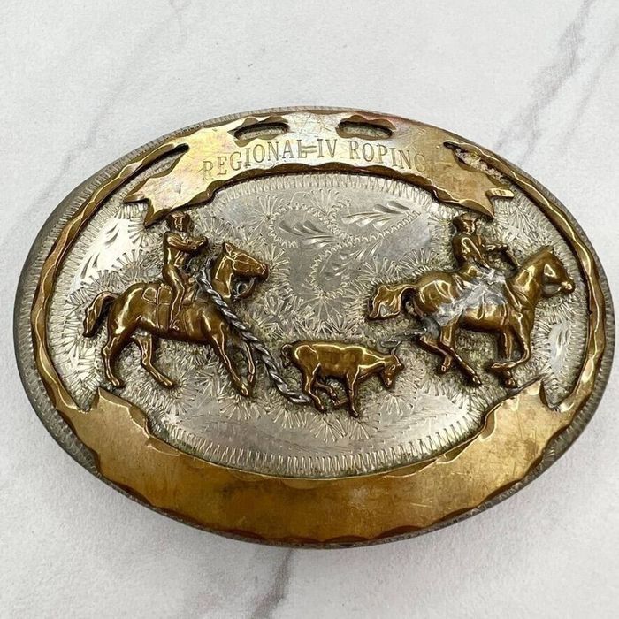 Vintage Western Flair Calf Roping German Silver Handmade Belt Buckle ...