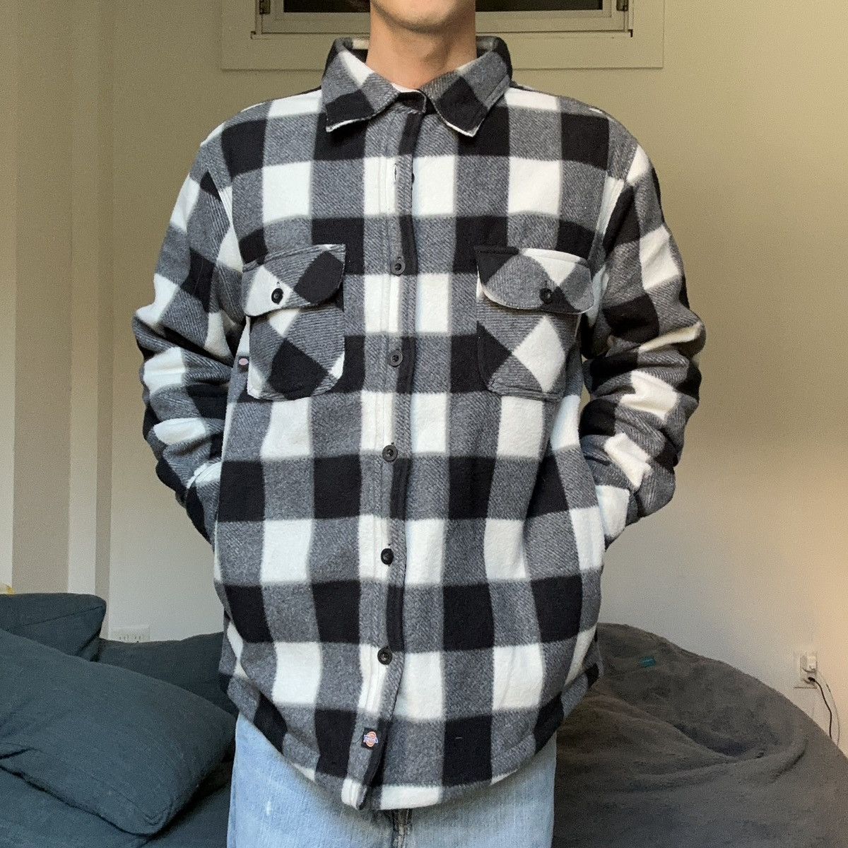Vintage Y2K Dickies Black Plaid Fleece Lined Flannel Shirt Jacket | Grailed