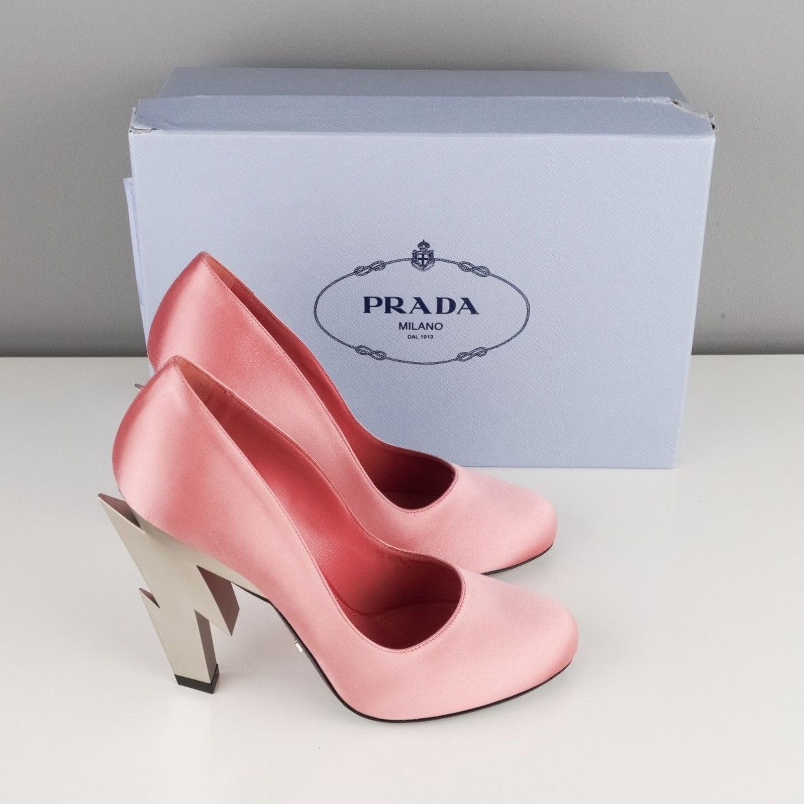 Prada Iconic prada satin pink silver logo metal bolt heels | Grailed