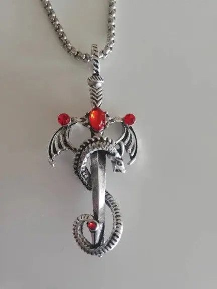 Chain Demon Dragon Necklace Sword Dagger Red Stone Chain Anime Art ...