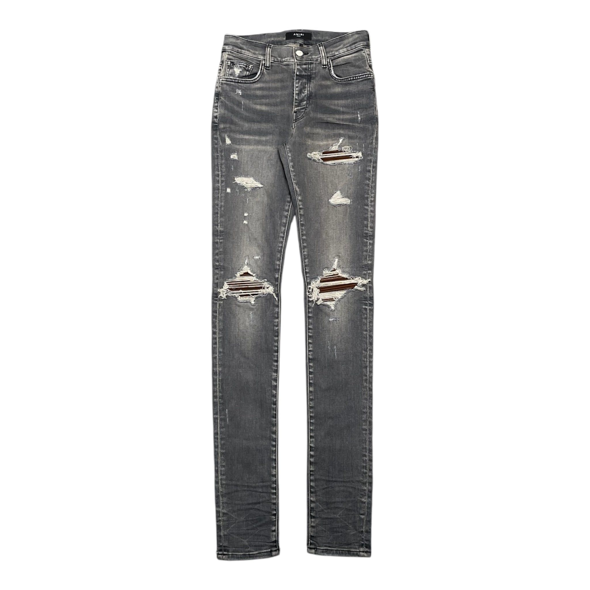 Amiri Amiri MX1 Brown Ultra Suede Repair Jeans Vintage Grey Amiri Amiri MX1 Brown Ultra Suede Repair Jeans Vintage Grey