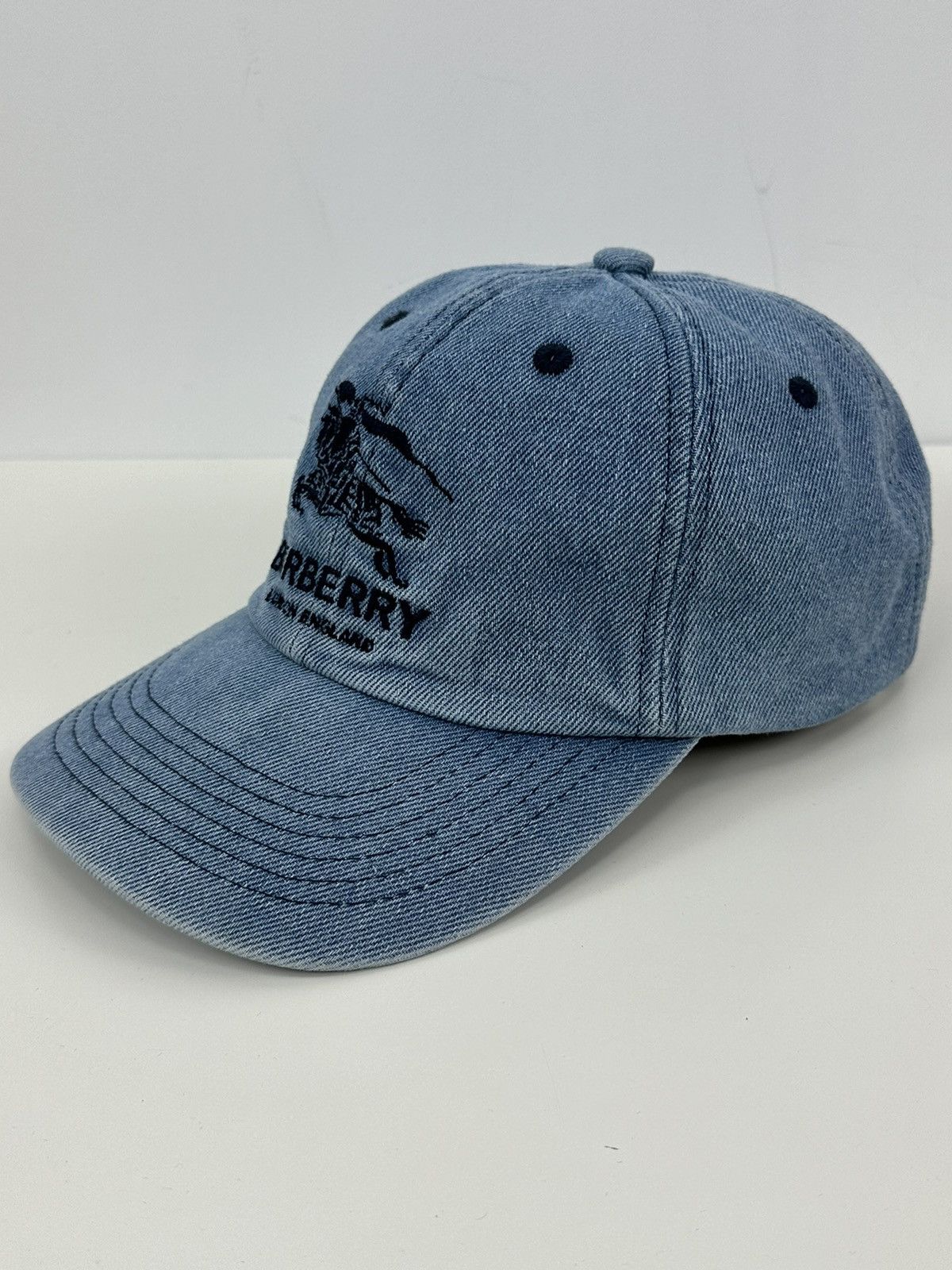 Supreme Burberry Supreme Center Logo Denim Baseball Cap Hat Blue | Grailed