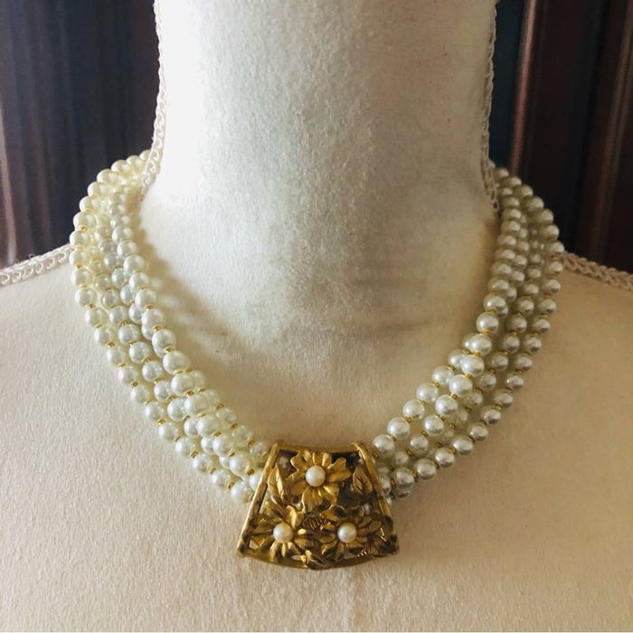 Handmade Handcrafted quad strand cream Czech pearl slider necklace ...