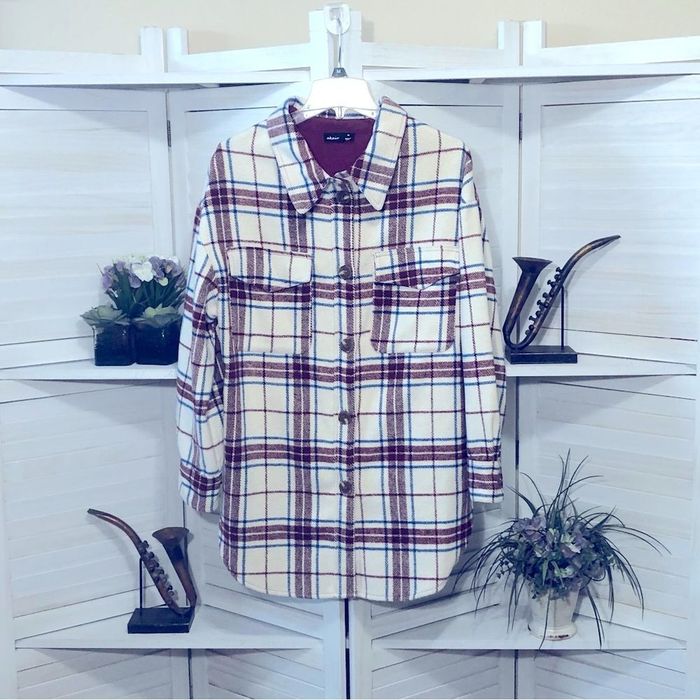 Streetwear Akair berry blue cream plaid flannel wool blend shirt sz M ...