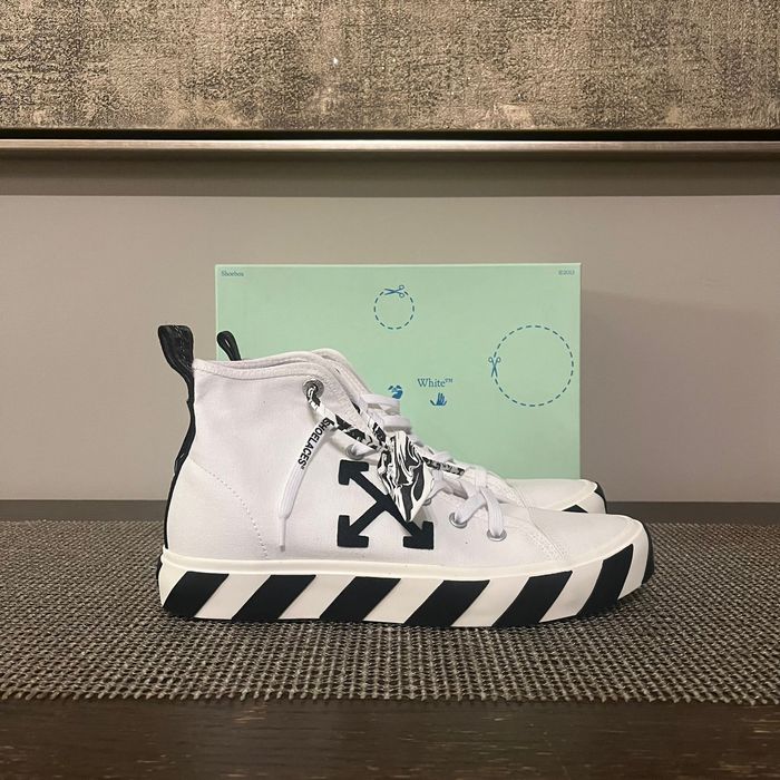 Off-White Mid Top Vulcanized Canvas Sneakers in White / Black | Grailed