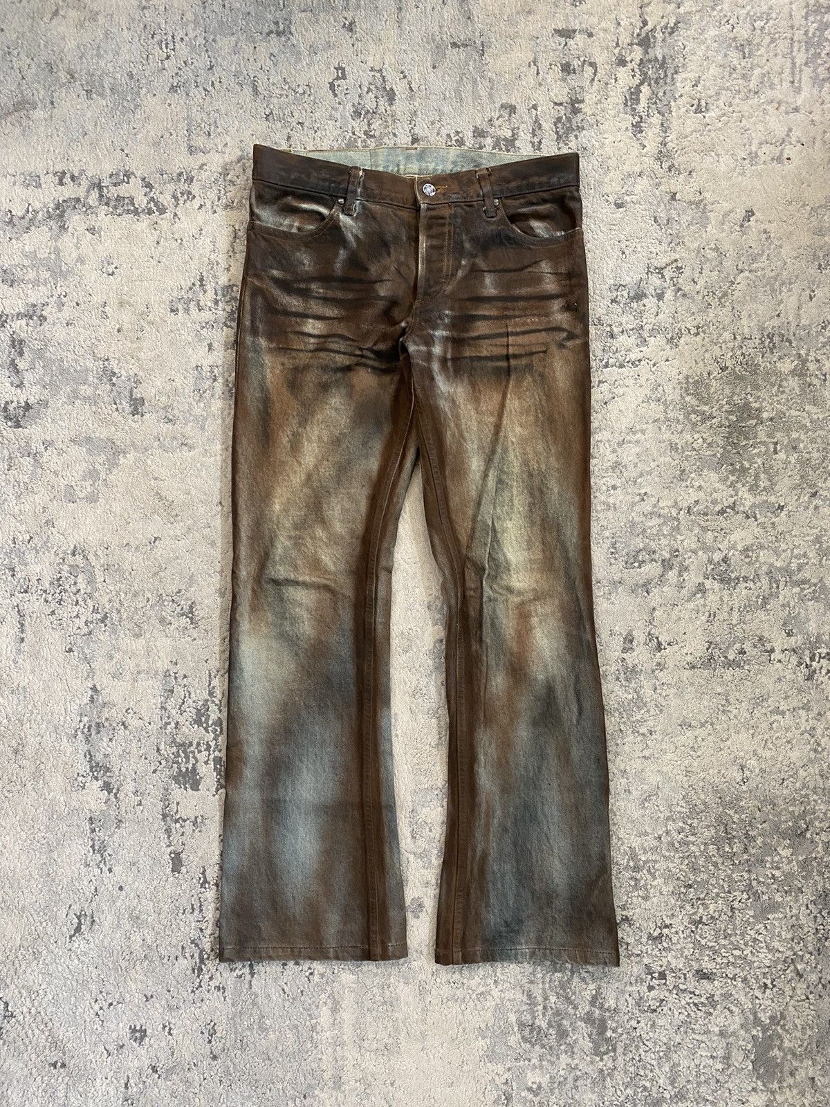 Shellac Shellac - Rust Coated Flare Jeans | Grailed