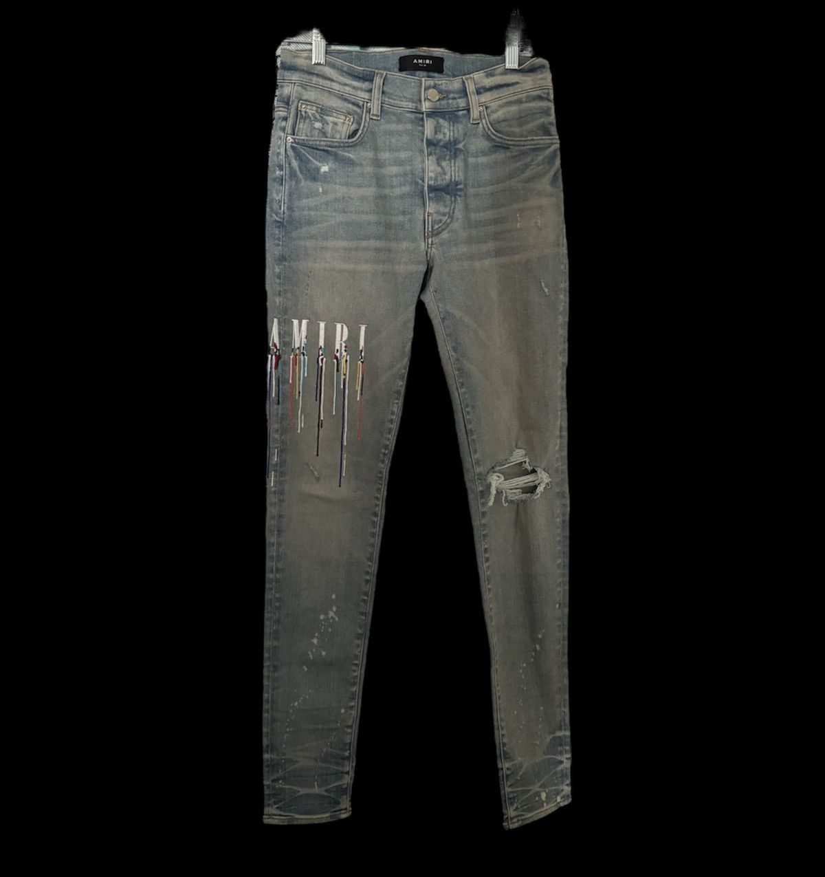 Amiri AMIRI Paint Splatter Logo Jeans Blue | Grailed