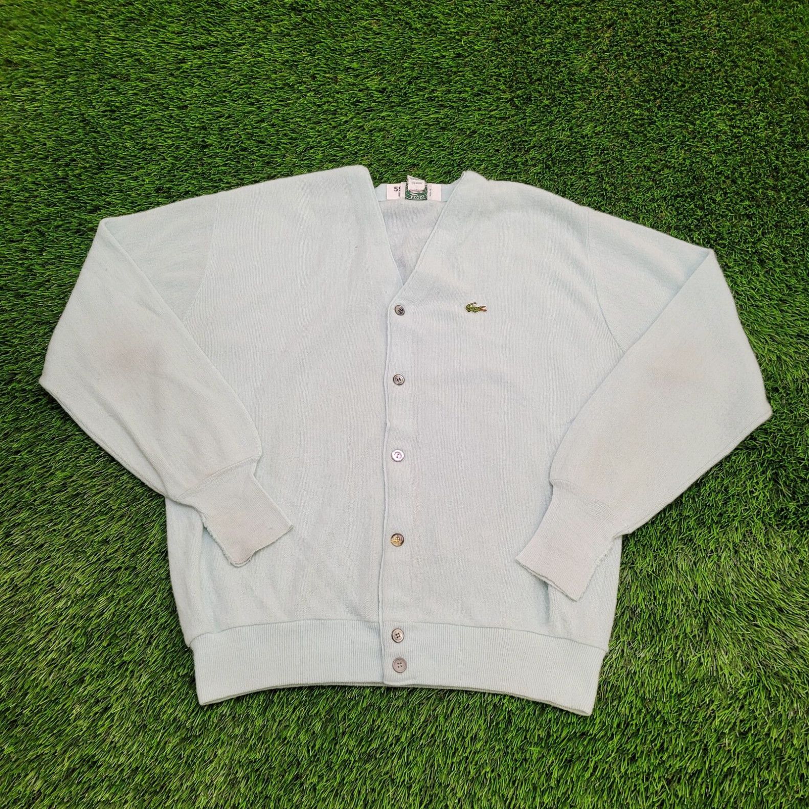 Izod Vintage IZOD Lacoste Knit Cardigan XL-Short 24x26 Powder-Blue Embroidered Logo | Grailed