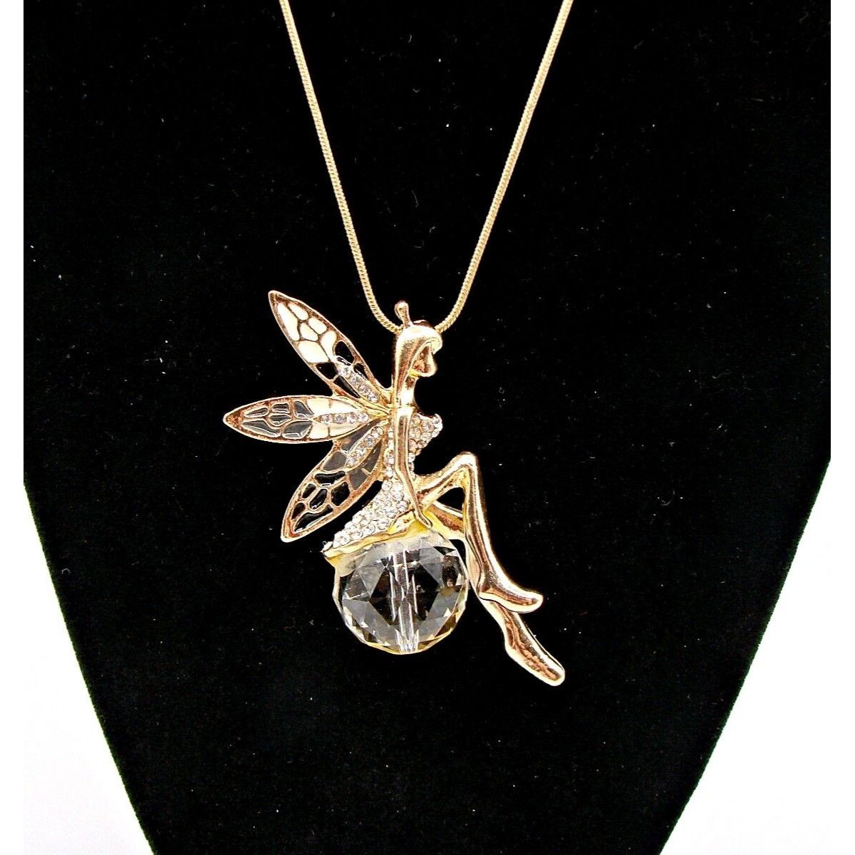 Vintage Fairy Tinkerbell Necklace Enamel Wings Rhinestones Gold Tone ...