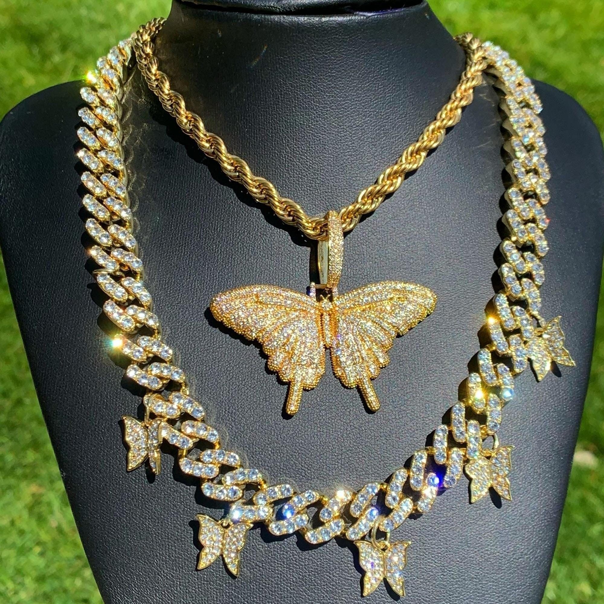 Cuban Link Chain Butterfly Necklace Set | Rope Chain Cuban Link Chain ...