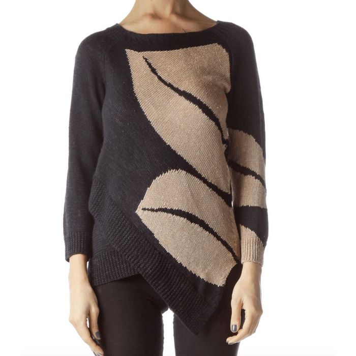 Rachel Zoe Nic+Zoe Leaf Sweater Top LINEN Blend Navy Blue Asymmetrical ...