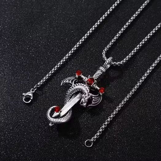 Jewelry × Streetwear Demon Dragon Necklace Sword Dagger Red Stone Chain ...