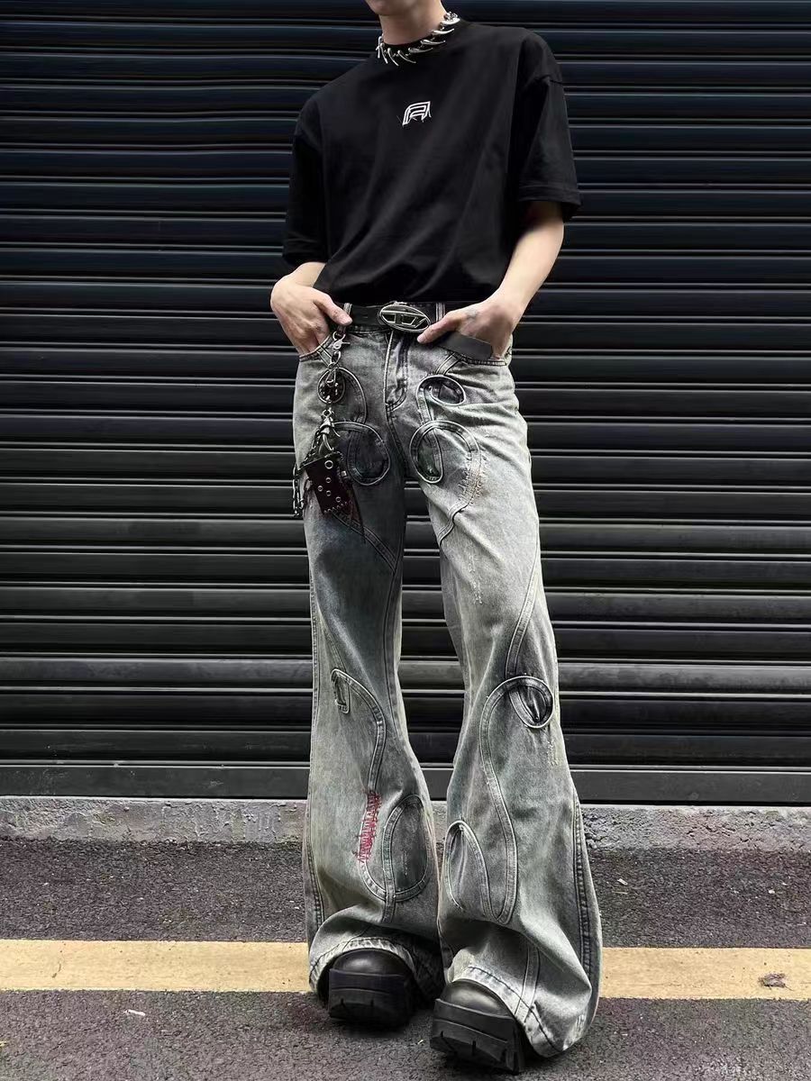 Jean × Streetwear Embroidered micro flare patchwork design baggy jeans ...