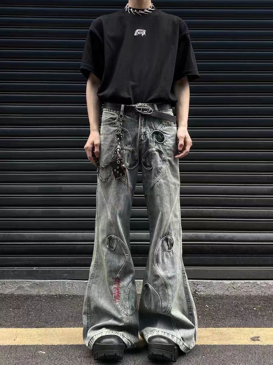 Jean × Streetwear Embroidered micro flare patchwork design baggy jeans ...