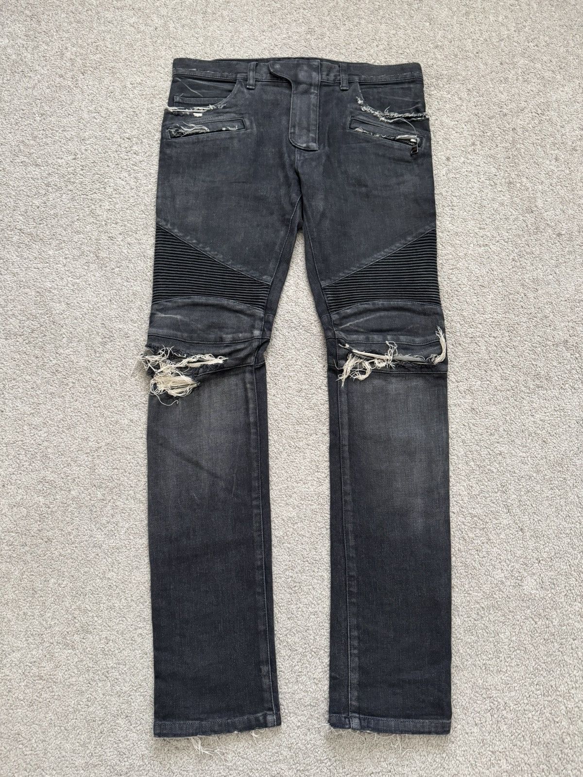 Balmain Balmain Faded Black Distressed Ripped Biker Denim Jeans | Grailed