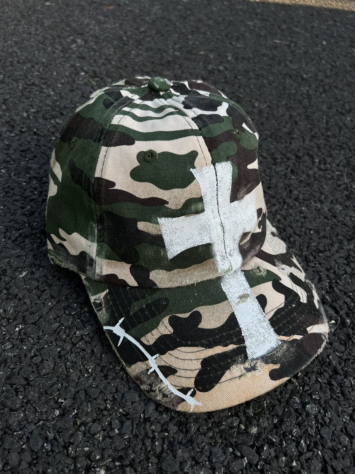 Maison Margiela Custom Distressed Camo Cross Hat | Grailed