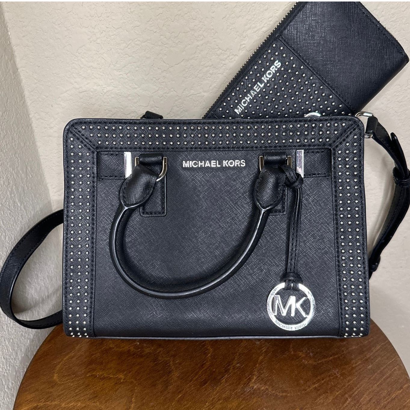 Michael Kors Michael Kors Black Studded Crossbody Bag w/Matching Wallet ...