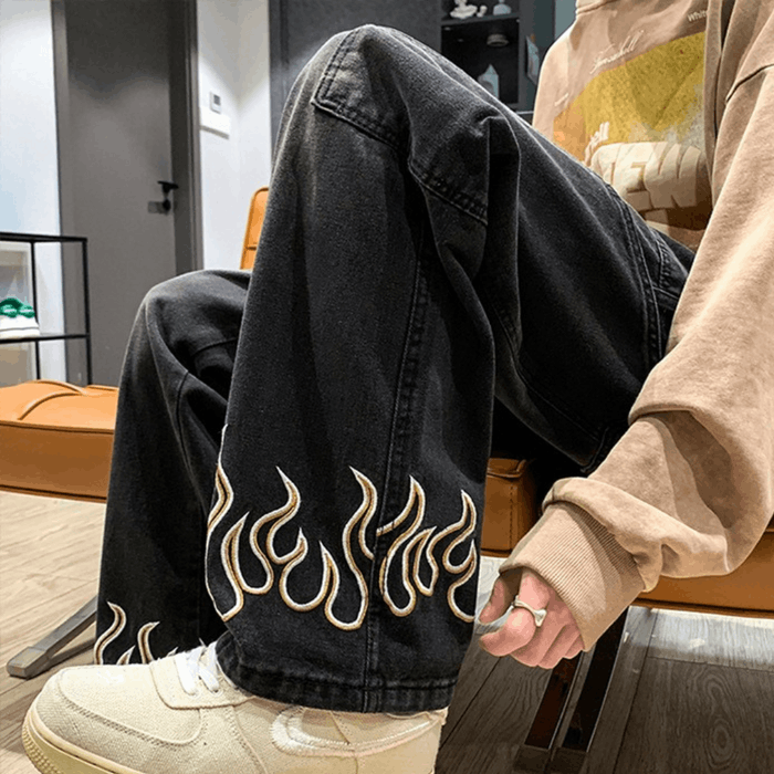 Streetwear Fire Straight Baggy Black Denim Jeans | Grailed