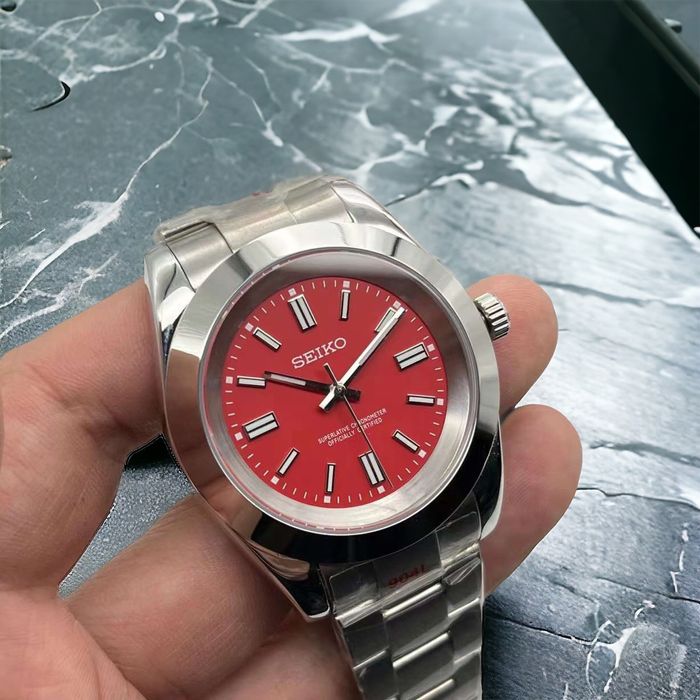 Seiko Seiko Mod Oyster Perpetual Smooth Bezel Red Dial Steel Watch ...