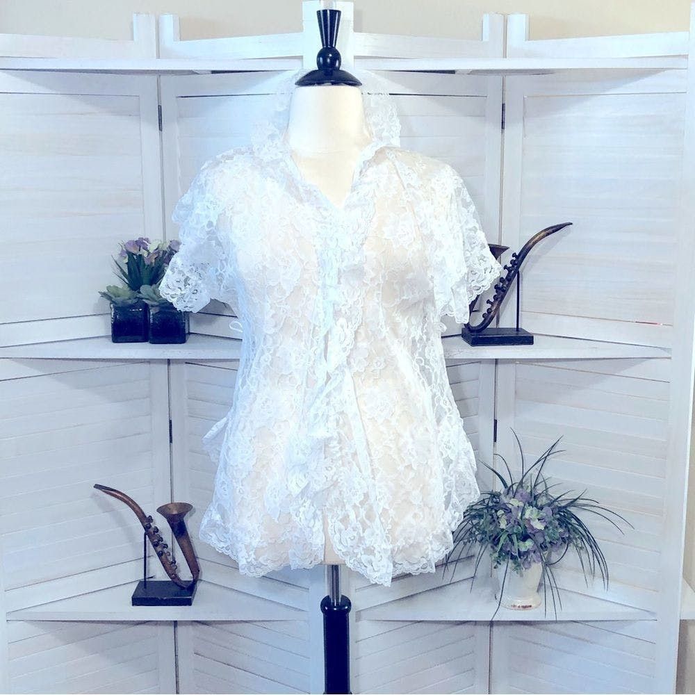 Vintage Vintage 90s white sheer lace floral ruffled cover up top XL ...