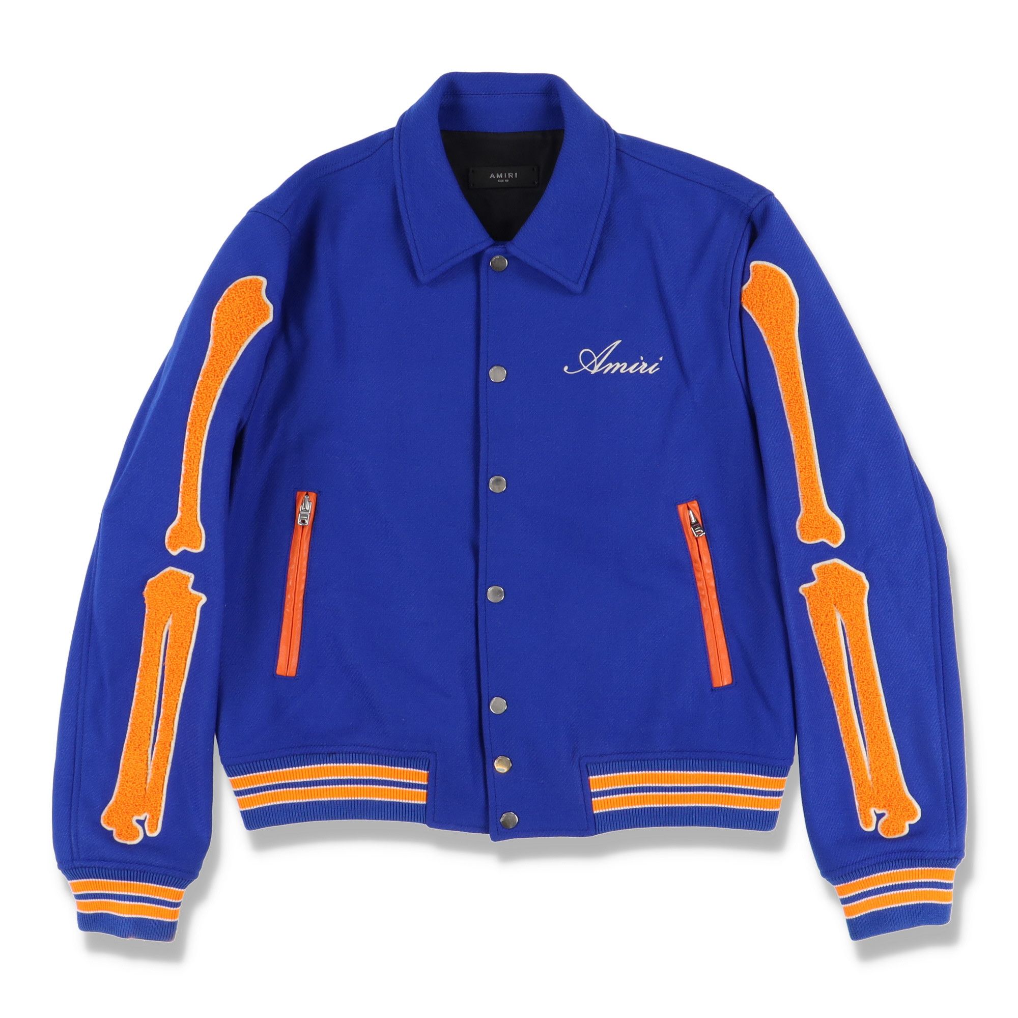 Amiri Blue and Orange Bones Wool Logo Varsity Jacket | Grailed