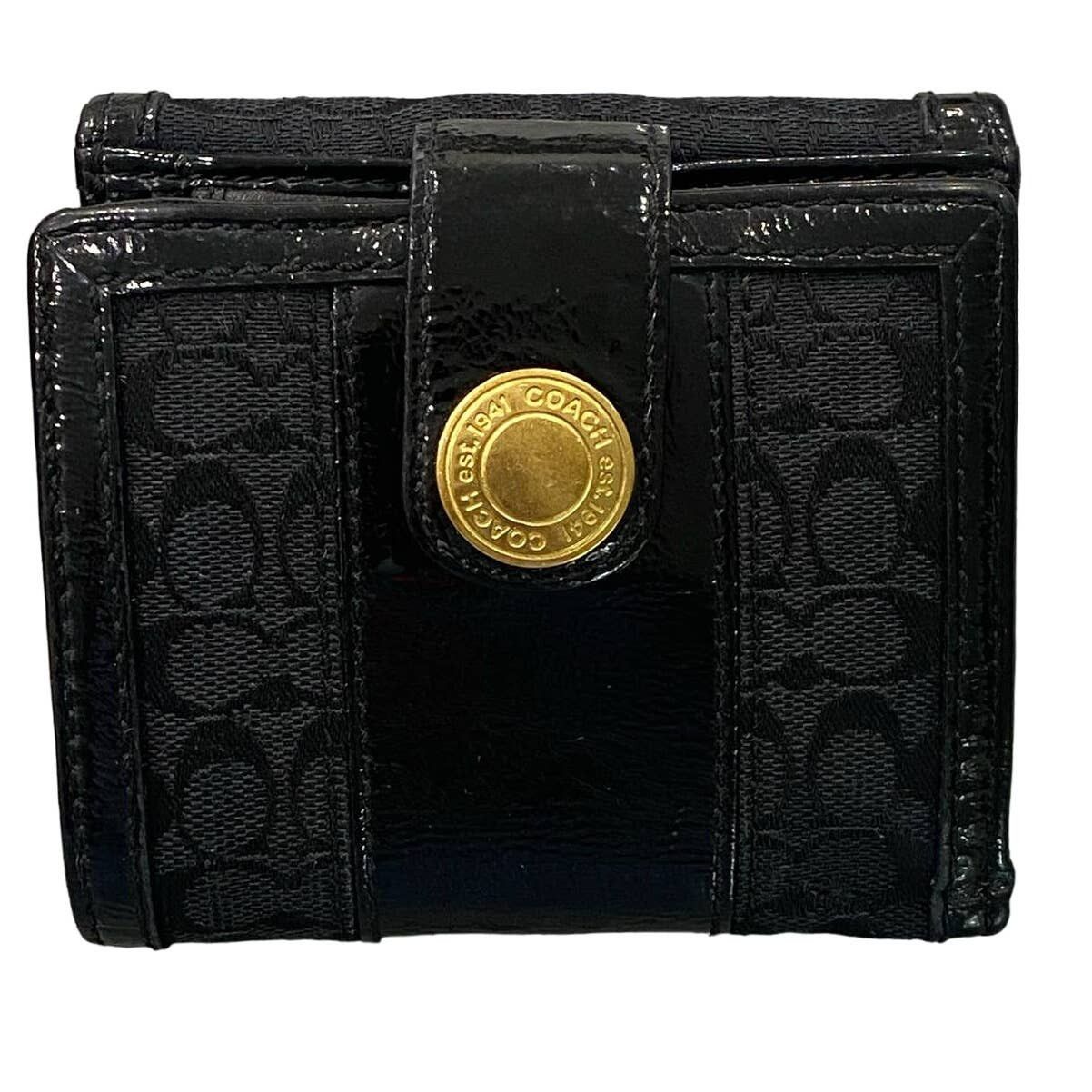 Coach Coach Monogram Canvas Patent Leather Black/Gold BifoldWallet ...