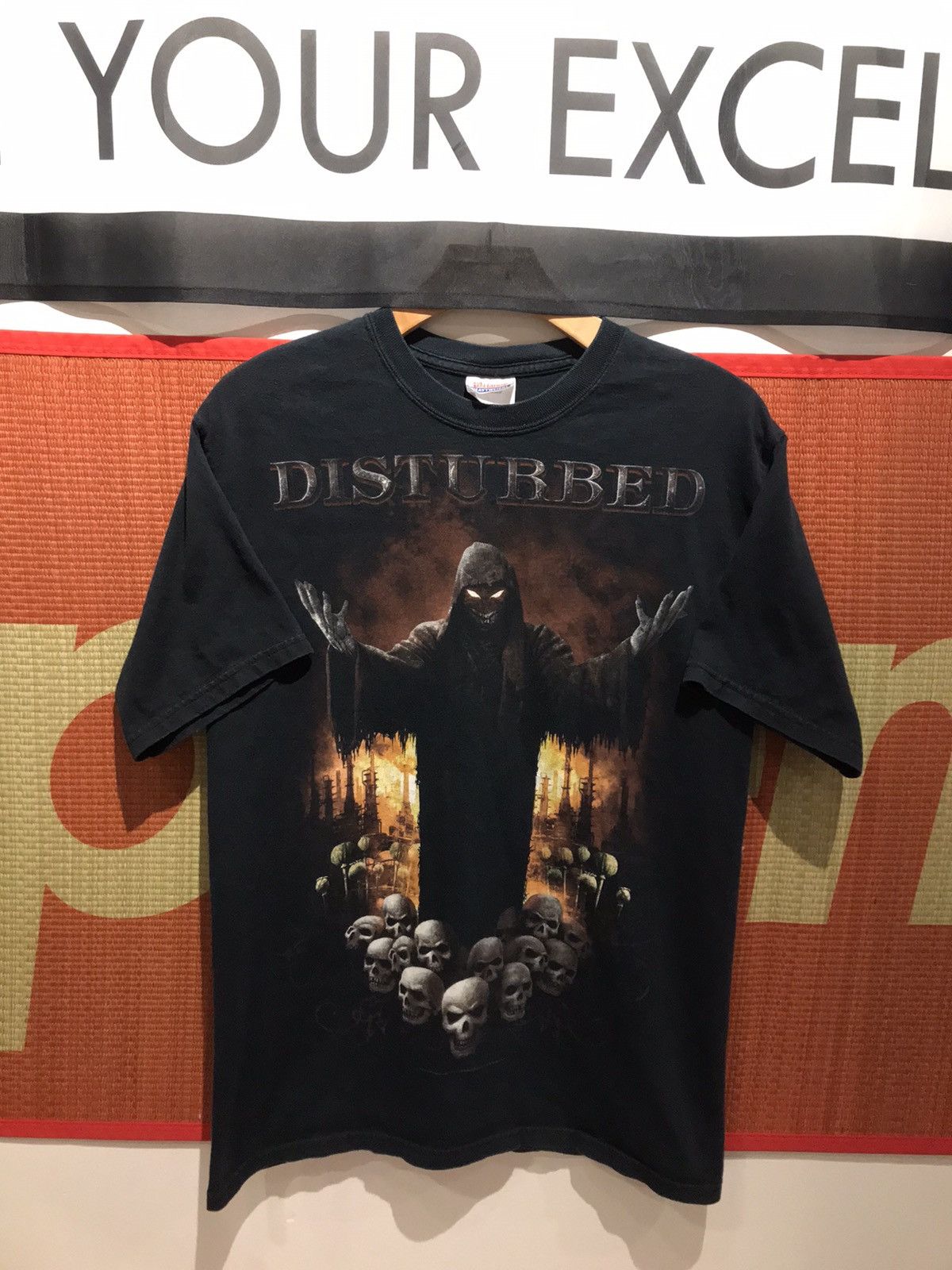 Vintage 2008 disturbed fire flame skull skeleton metal band promo | Grailed