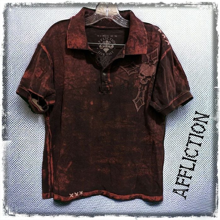 Vintage 🔥 Affliction Trademark Skull Death Blade Polo Shirt Men's L ...