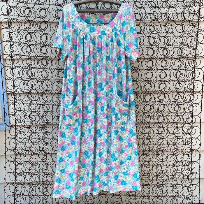 Vintage 60s Status pink blue floral silver metallic house dress mumu ...