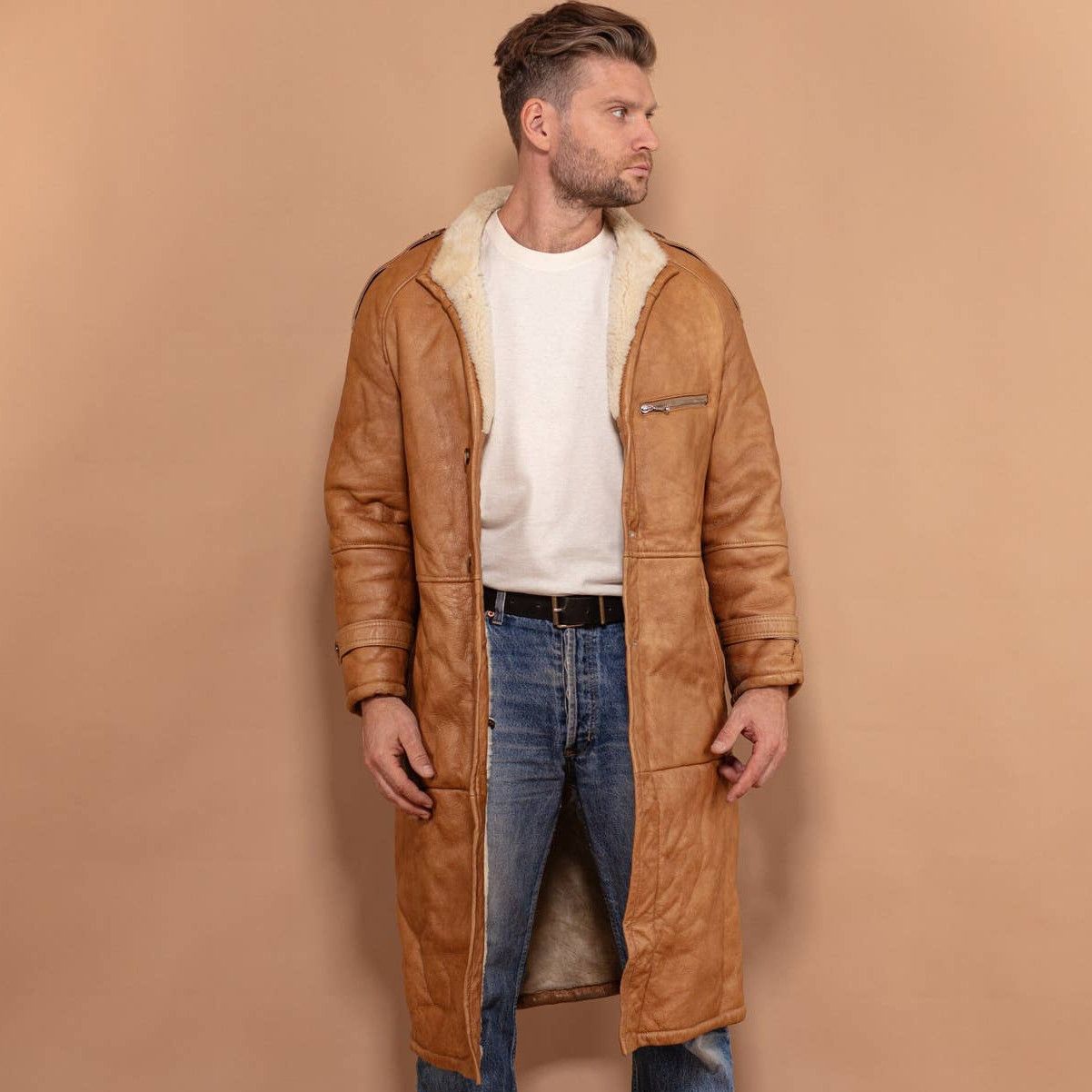 Sheepskin Coat Vintage 80's Men Belted Sheepskin Coat in Brown | Grailed