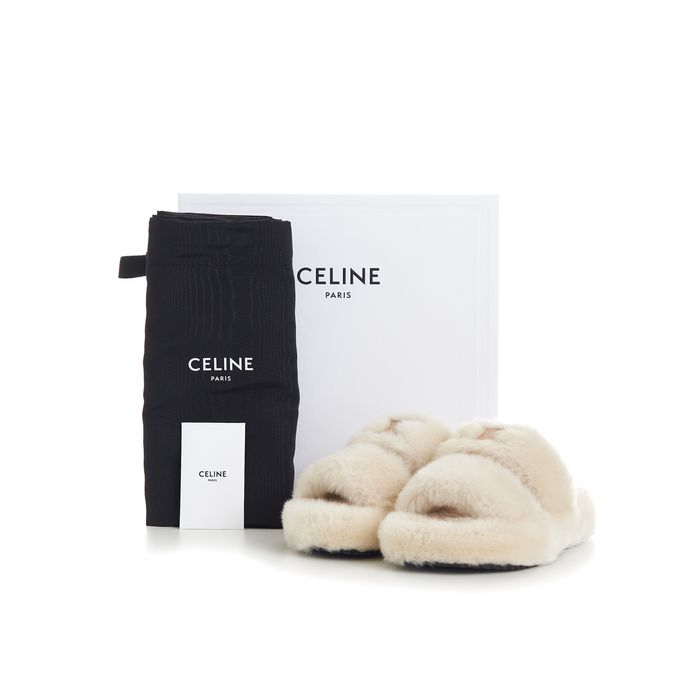 Celine Triomphe Open Shearling Fur Slide Sandals Signature Patch | Grailed