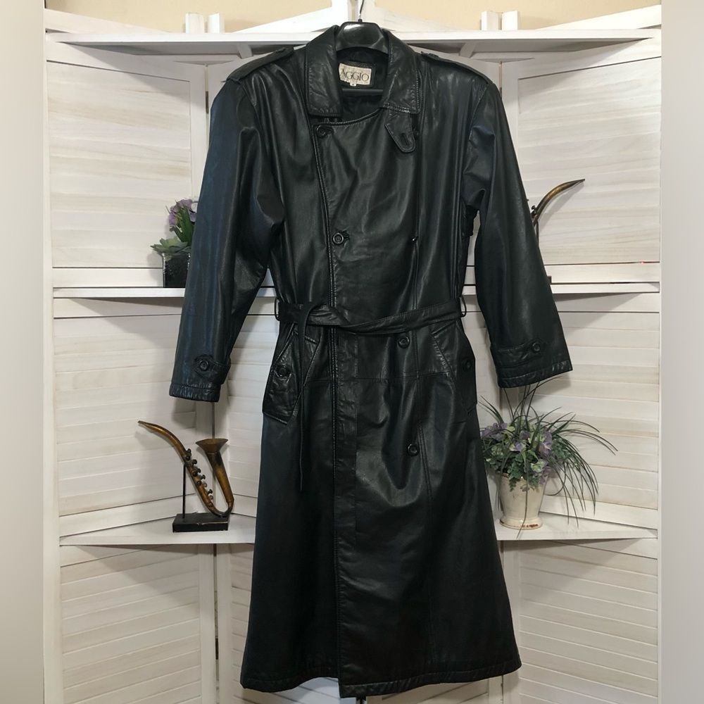Aggio AGGIO vintage genuine black leather long trench coat steampu ...