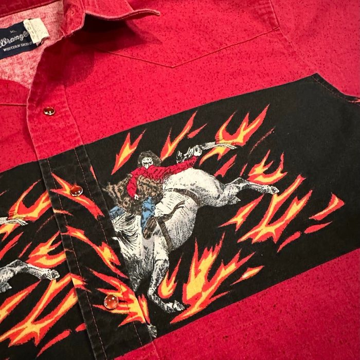 Vintage Vintage Wrangler Bull Riding Shirt Rodeo Clowns Red Flames P ...