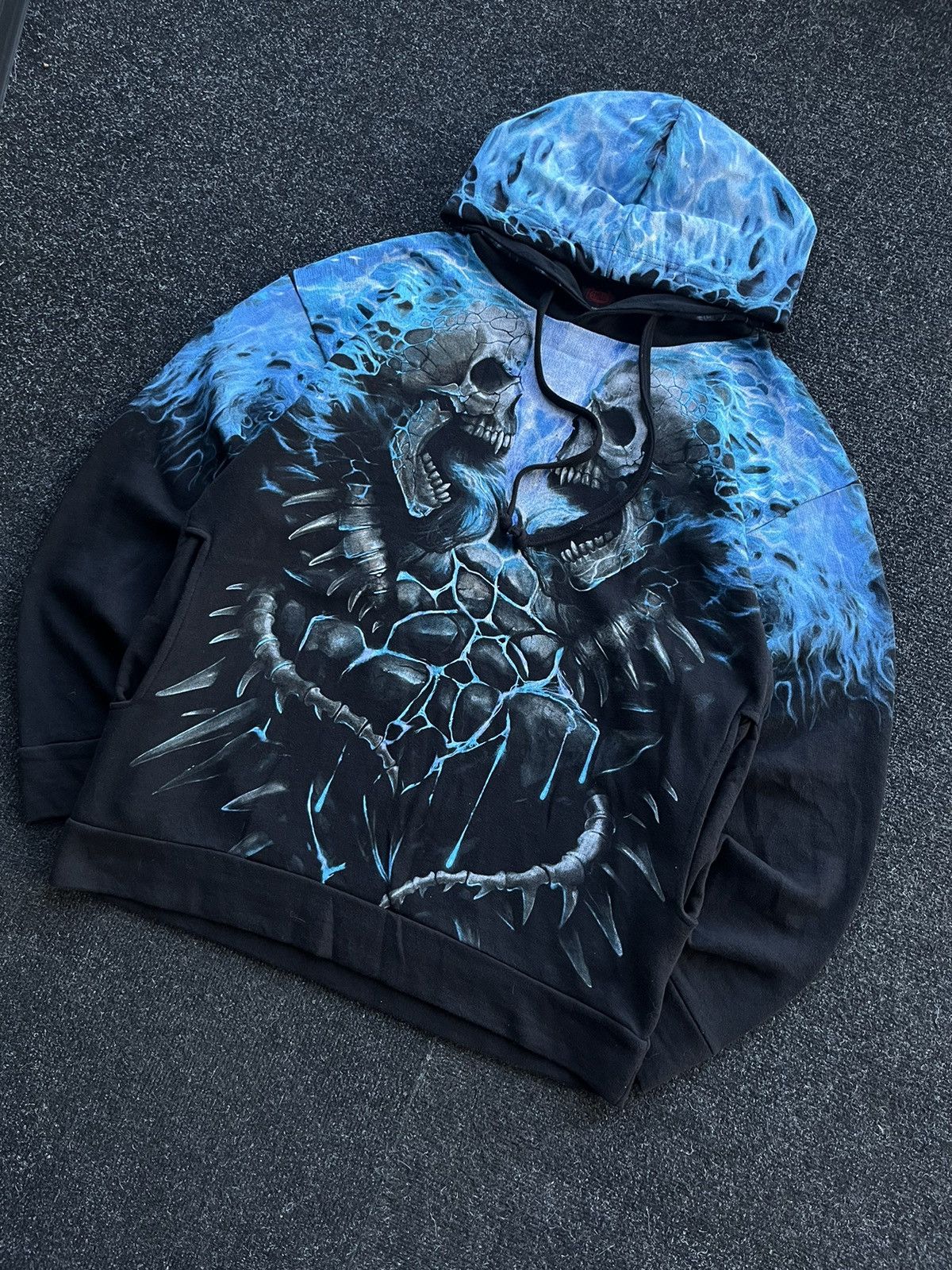 Vintage Vintage Y2K Spiral Skull Battle Blue Fire Overprint Hoodie ...