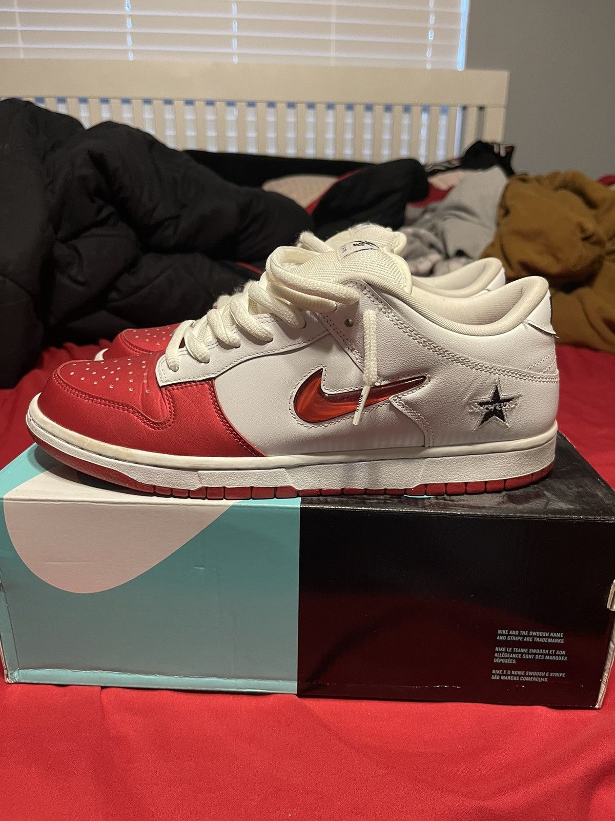 Nike × Supreme Supreme Nike SB Dunk Low Jewel Red Swoosh | Grailed