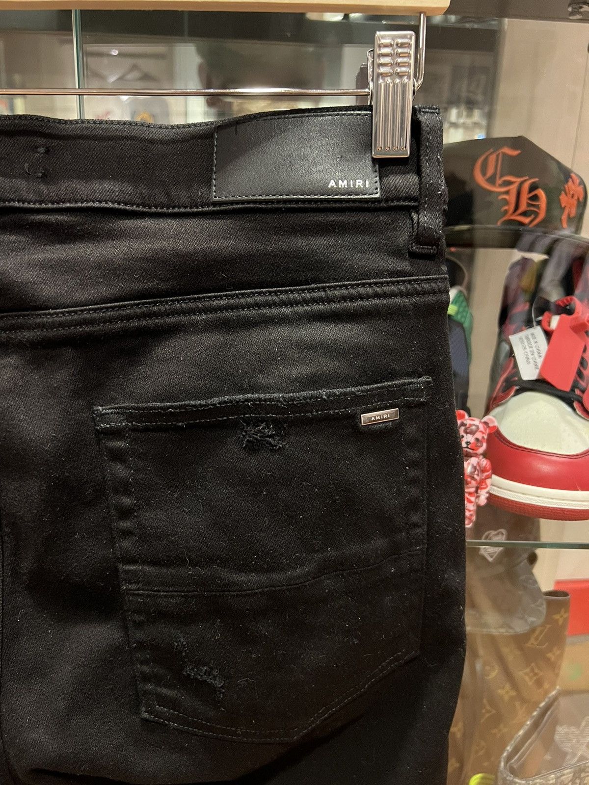 Amiri Amiri mx1 black leather patch denim jeans black | Grailed