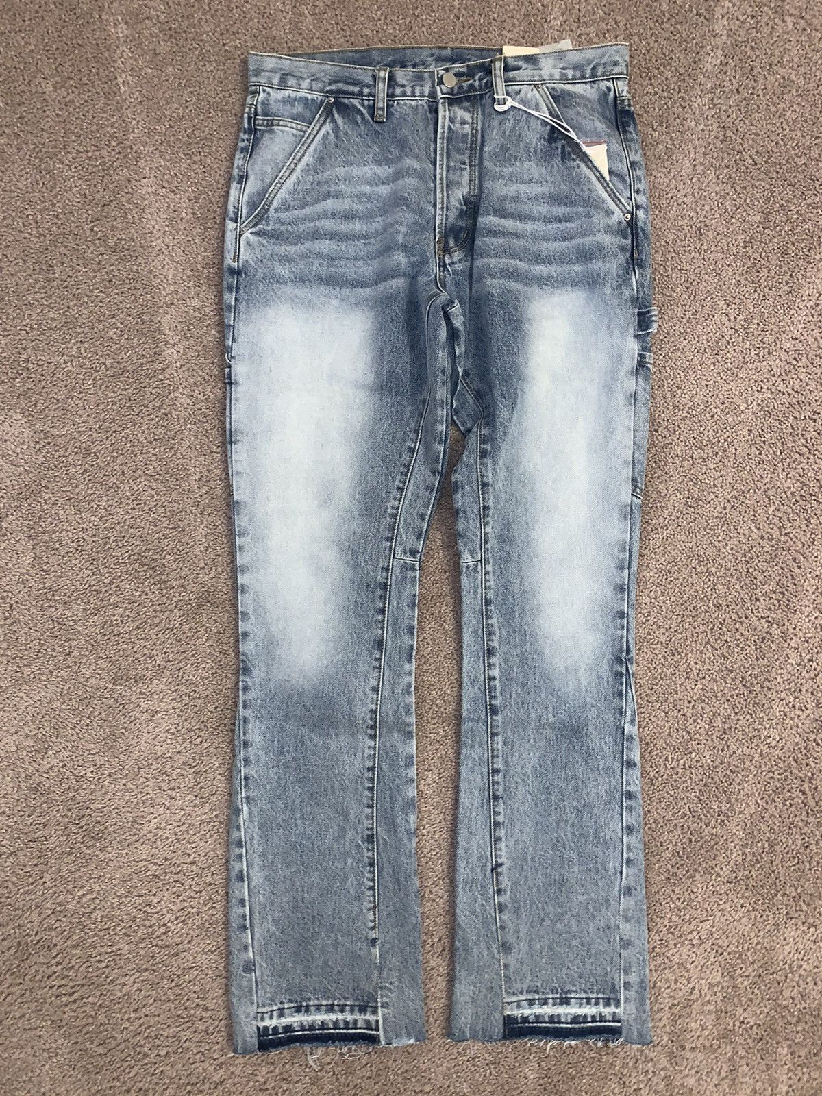 Designer × MNML MNML RAW HEM CARPENTER DENIM PATCHWORK FLARES | Grailed