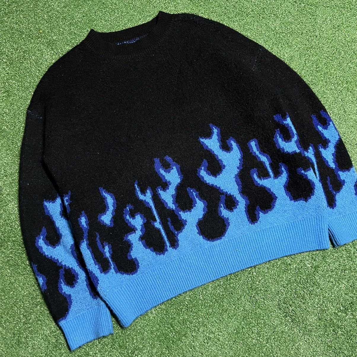 Japanese Brand × Streetwear Blue Flame Graphic Knit Sweater Streetwear ...