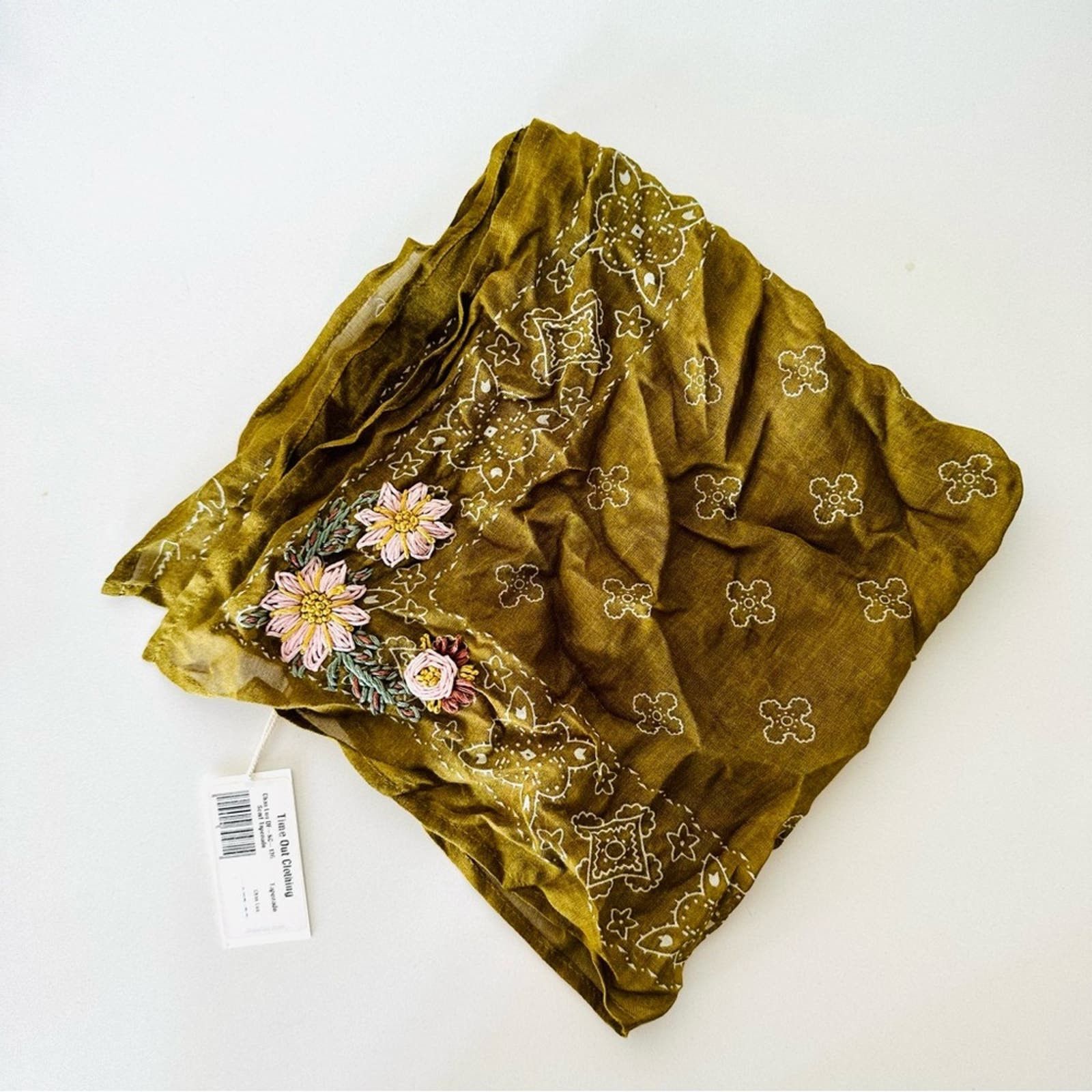 Chan Luu NEW CHAN LUU Olive Green Floral Embroidered Bandana Scarf ...
