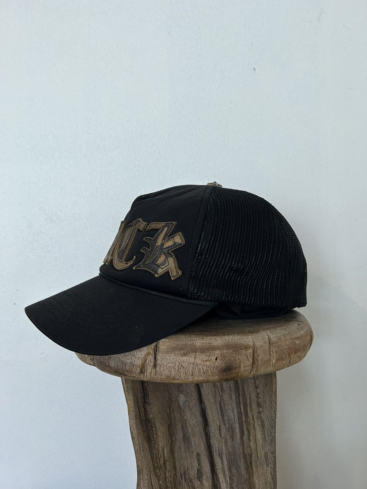 Chrome Hearts × Vintage Vintage Chrome hearts Fuck Leather Camo patchTrucker Hat | Grailed
