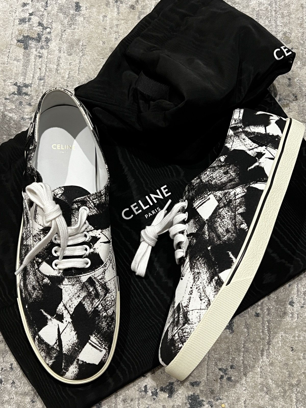 Celine CELINE PARIS Printed Canvas Low Lace-Up Sneakers Black/White ...