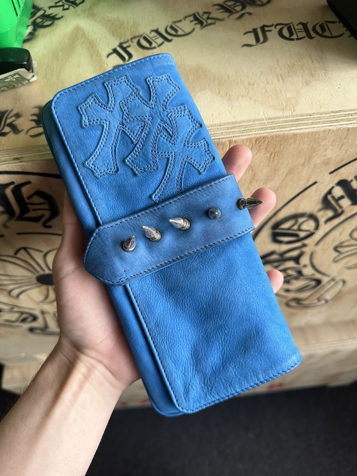Chrome Hearts Chrome Hearts Blue Leather Spiked Triple Cross Wallet ...