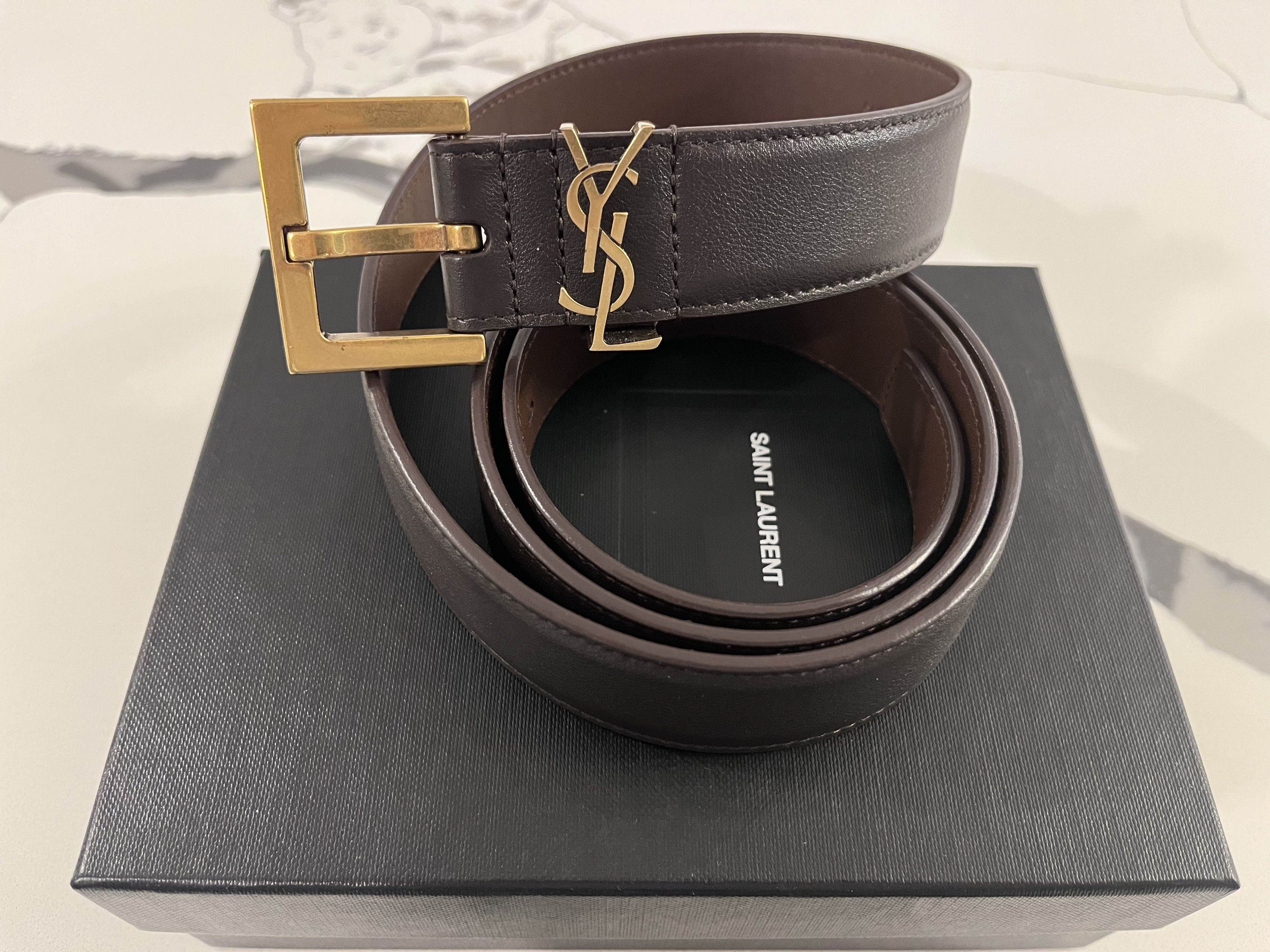 Saint Laurent Paris YSL Logo Cassandre Belt - Gold Buckle & Brown leather | Grailed