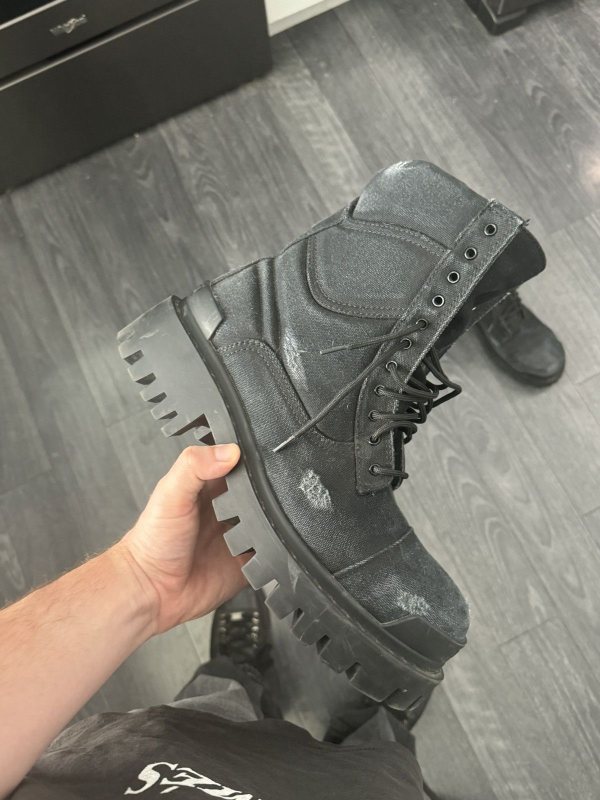 Balenciaga BALENCIAGA DISTRESSED CANVAS STRIKE BOOT | Grailed