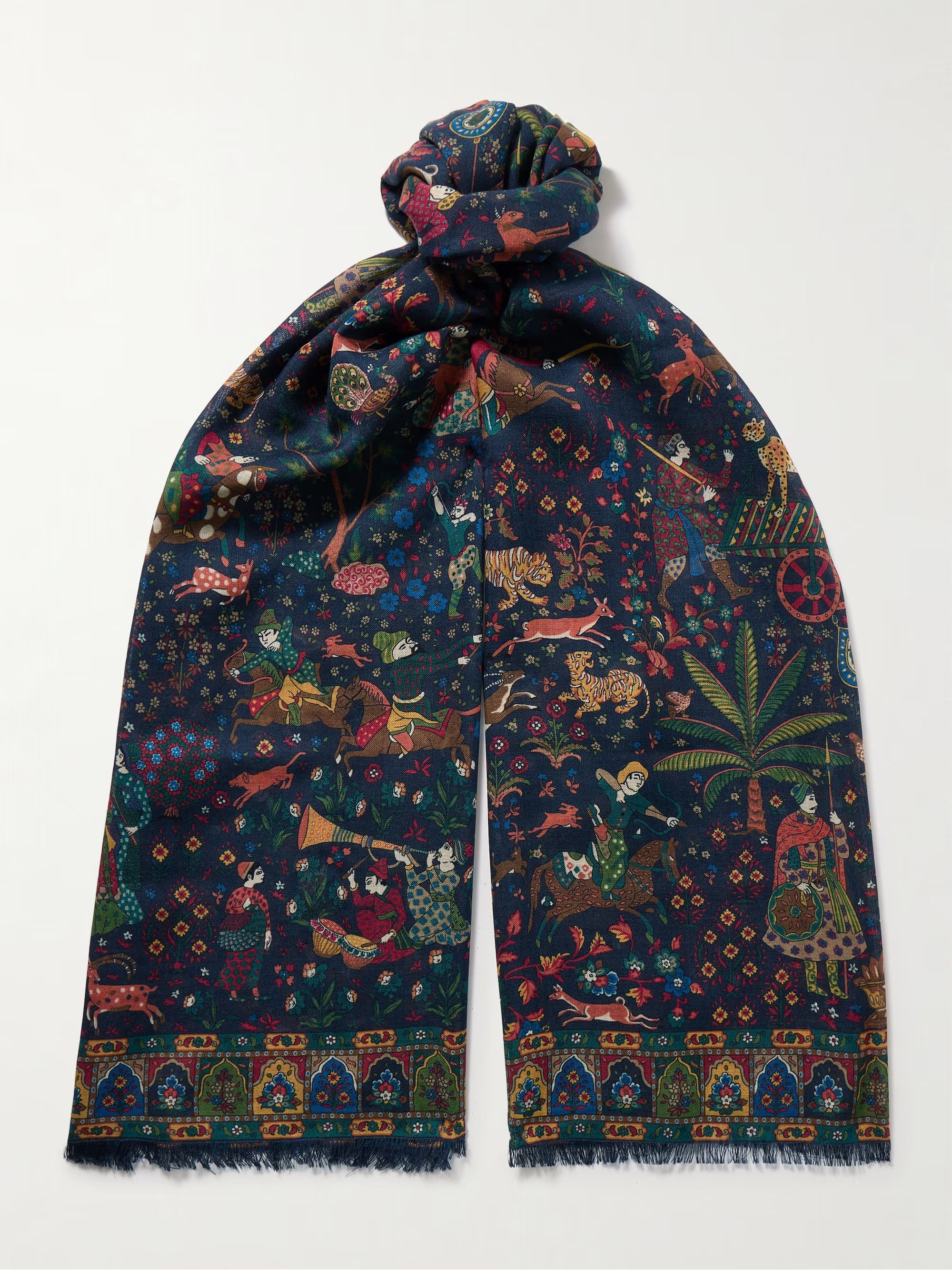 Drakes DRAKE'S Mughal Hunter Frayed Printed silk scarf | Grailed